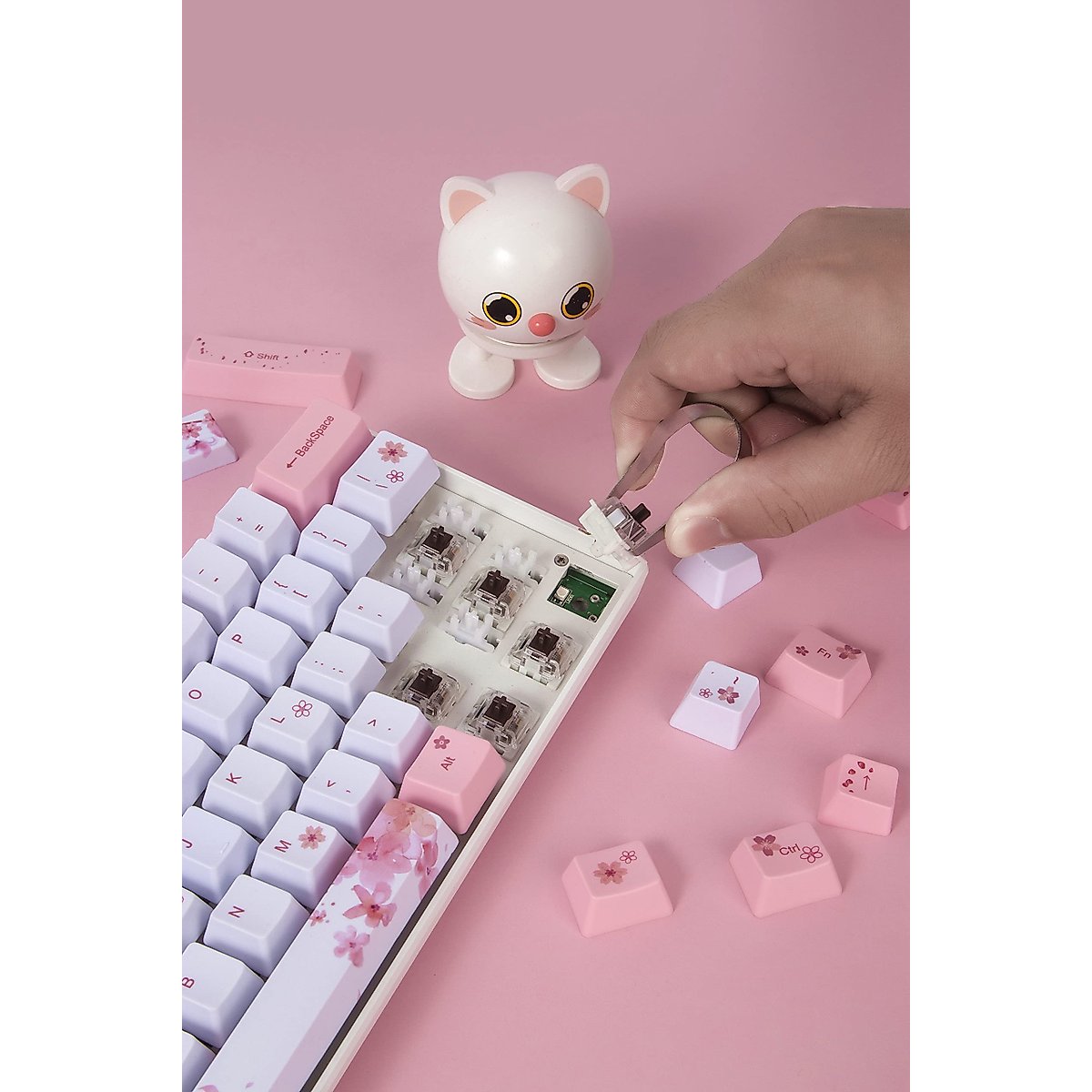 ZMX Cherry Blossom 61 Mechanical Keyboard,Hot Swappable 60％Compact Mechanical 5.0Bluetooth/Type-C Wired Dual-Mode RGB Backlit Dye-Sublimation PBT Keycap Gaming Keyboard(Black Switch, Pink)