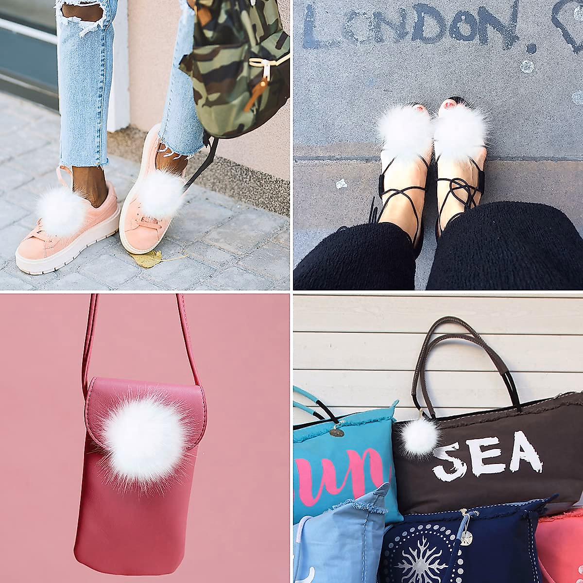 12 Pieces Christmas White Faux Fur Pom Pom Balls Fur Fluffy Pompom Ball with Elastic Loop for Hats Shoes Scarves Gloves Scarves Bag Key Chain Charms Accessories(White)