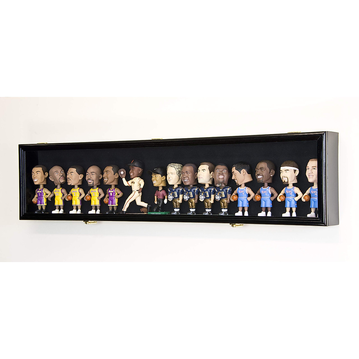 Horizontal Bobble Head Action Figures Doll Display Case Cabinet Wall Rack - Lockable (Black Wood Finish, Black Felt Background)