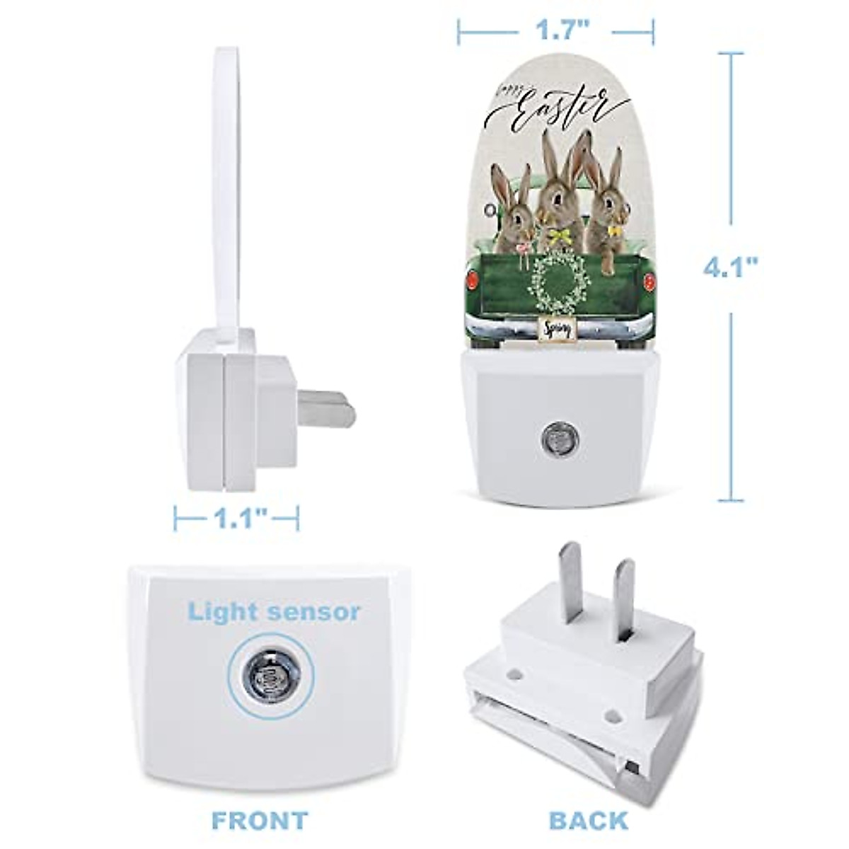 RisQiten Easter Bunny Night Light, LED Plug in Night Light, Green Truck Spring Eucalyptus Leaf Wreath Night Lights with Dusk to Dawn Sensor Decorative Kids/Adults Nightlight for Bedroom Bathroom