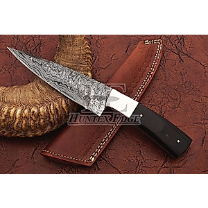 HUNTEX Handmade Hand-Forged Ladder Pattern Damascus Steel 10 Inch Long Full Tang Natural Buffalo Horn Handle Razor Sharp Hunting Camping Skinning Knife w/Genuine Leather Pouch