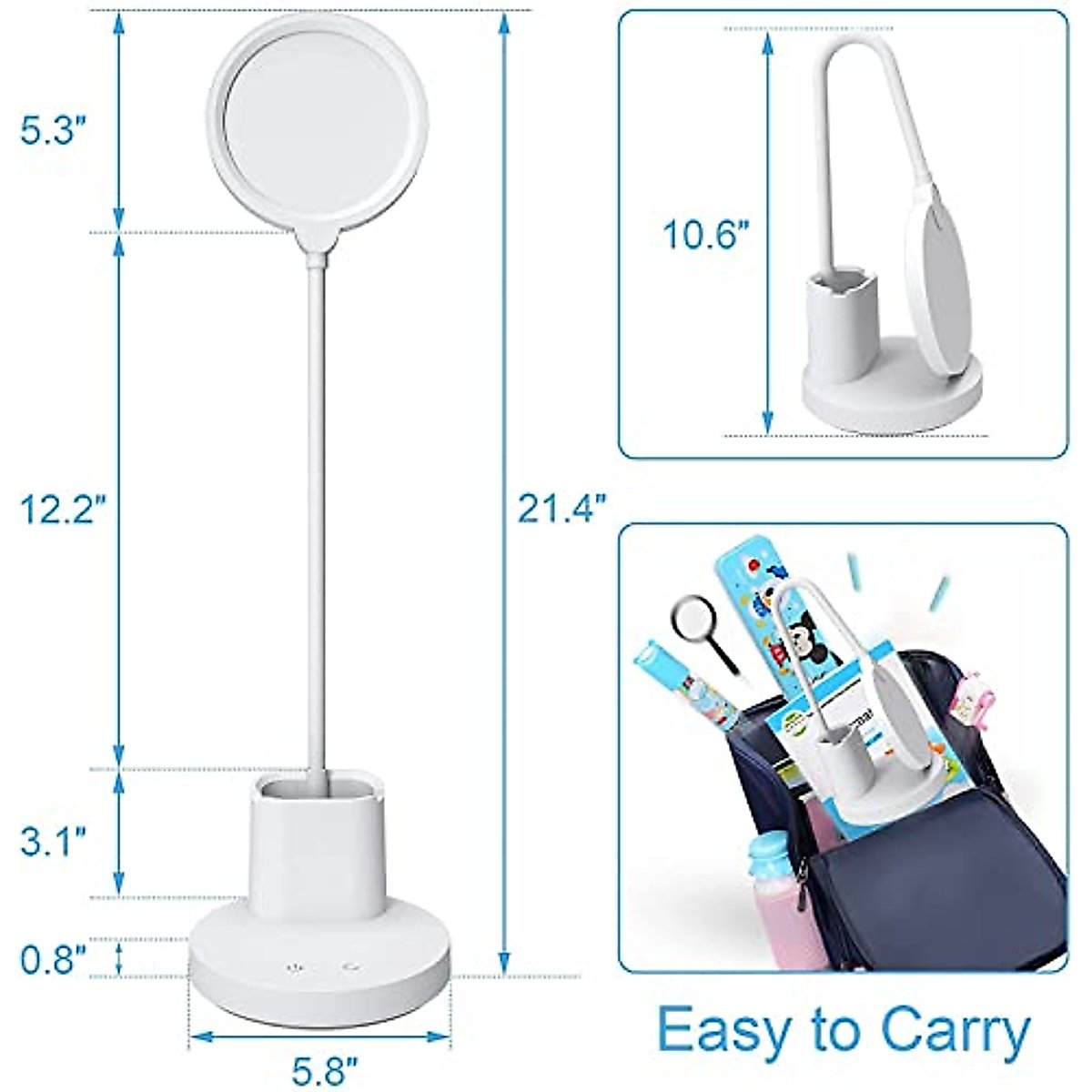 GOLSPARK LED Desk Lamp, Touch Control Desk Lamp Rechargeable 3 Color Modes with Stepless Dimmable, 360°Flexible Desk Lamp with Pen Holder, Battery Operated White Desk Lamp for Students, Dorm Reading