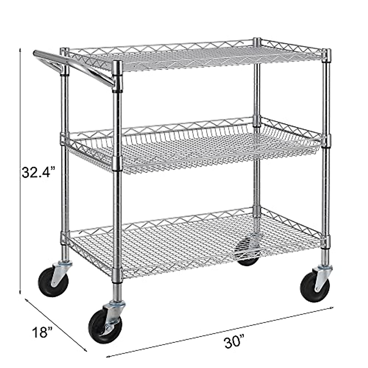 Finnhomy 3 Tier Heavy Duty Commercial Grade Utility Cart, Wire Rolling Cart with Handle Bar, Steel Service Cart with Wheels, Utility Shelf Plant Display Shelf Food Storage Trolley, NSF Listed