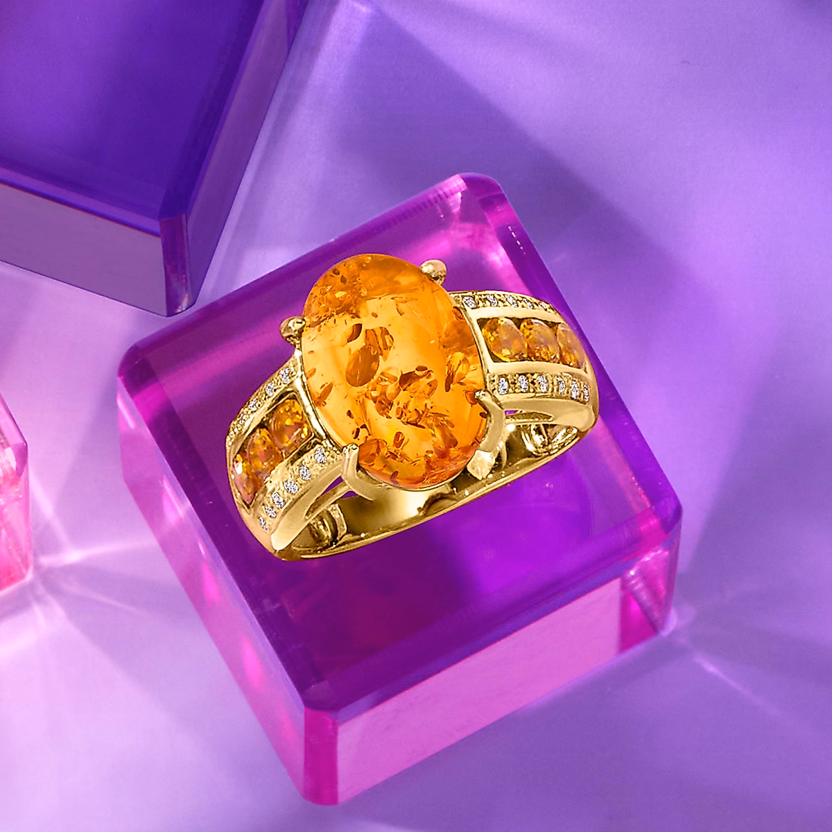 Ross-Simons Amber and .50 ct. t.w. Citrine Ring With White Topaz Accents in 18kt Gold Over Sterling. Size 7