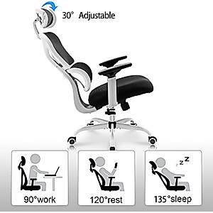 KERDOM Ergonomic Office Chair, Home Desk Chair, Comfy Breathable Mesh Task Chair, High Back Thick Cushion Computer Chair with Headrest and 3D Armrests, Adjustable Height Home Gaming Chair White