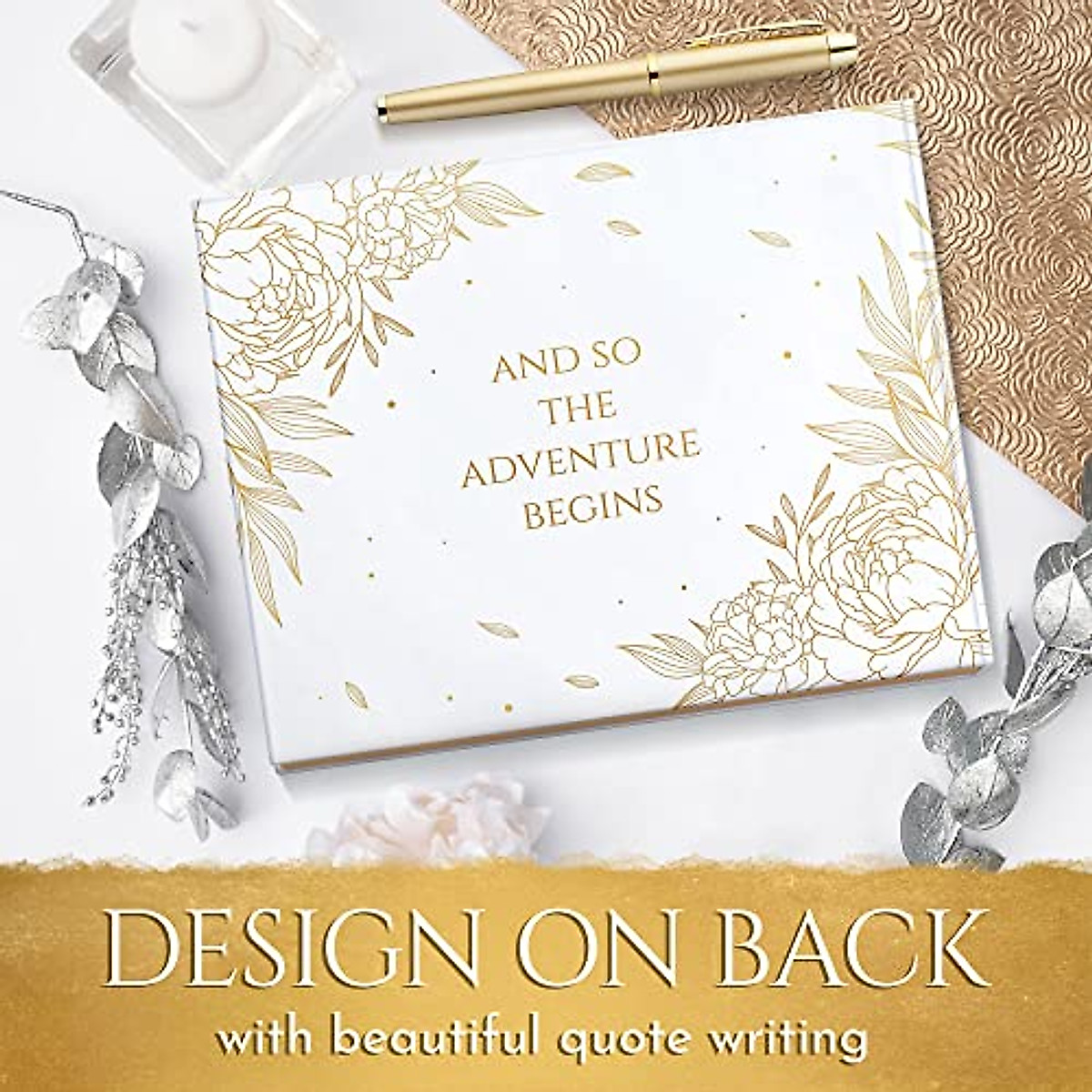 Gold Floral Wedding Guest Book, Wedding Guestbook with Pen, Guest Book Wedding Gold Hot Foil Stamping, Bridal Shower Guest Book Gold Paper Edge, Wedding Guestbook Alternative, Guestbook Wedding