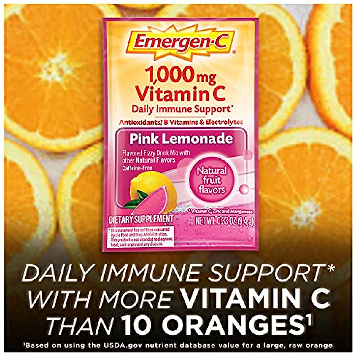 Emergen-C 1000mg Vitamin C Powder, with Antioxidants, B Vitamins and Electrolytes, Immunity Supplements for Immune Support, Caffeine Free Fizzy Drink Mix, Pink Lemonade Flavor - 30 Count