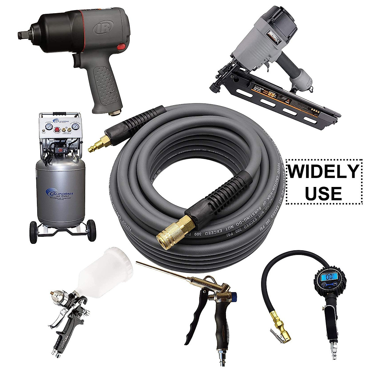 YOTOO Hybrid Air Hose 1/4 in. x 100 ft, 300 PSI Heavy Duty Air Compressor Hose, Lightweight, Kink Resistant, All-Weather Flexibility with 1/4" Industrial Air Fittings and Bend Restrictors,Gray