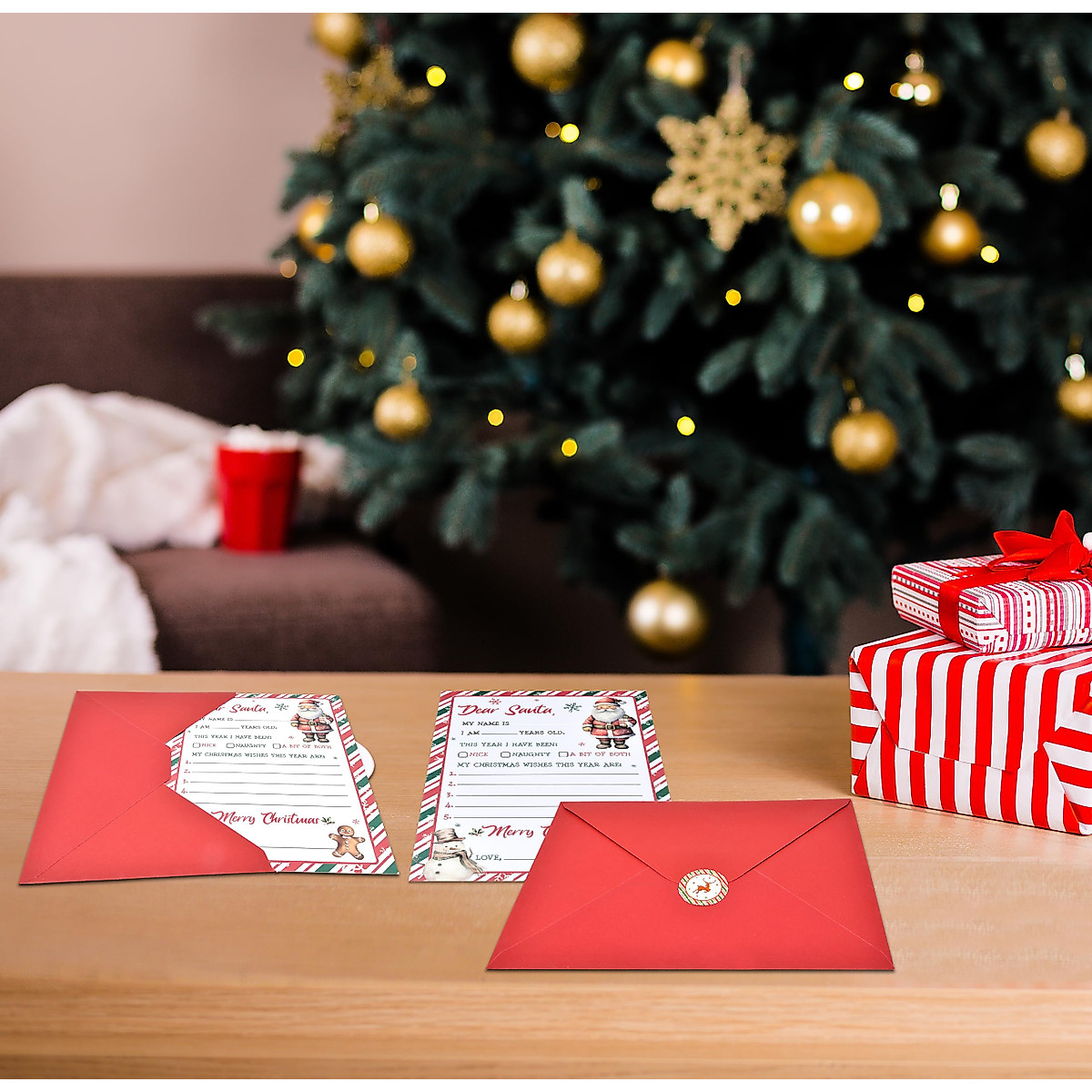 12 Christmas Official Letter To Santa Writing Kit Stationary Paper Sheets with Red Envelopes Address & Seal Stickers Holiday Family Tradition Nice & Naughty Wish List