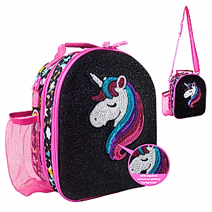 Decorably Insulated Hard Top Sequined Glittery Unicorn Girls Lunch Boxes for School, Easy-to-Clean Kids Lunch Bag with 2 Main Compartments and Water Bottle Holder