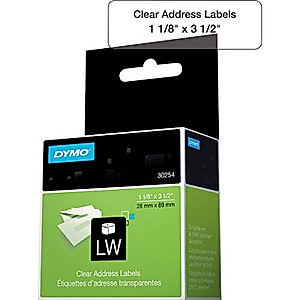 Dymo 30254 Lw Address Labels, 1-1/8 X 3-1/2, Clear, 130 Labels/Roll, 1 Roll/Bx