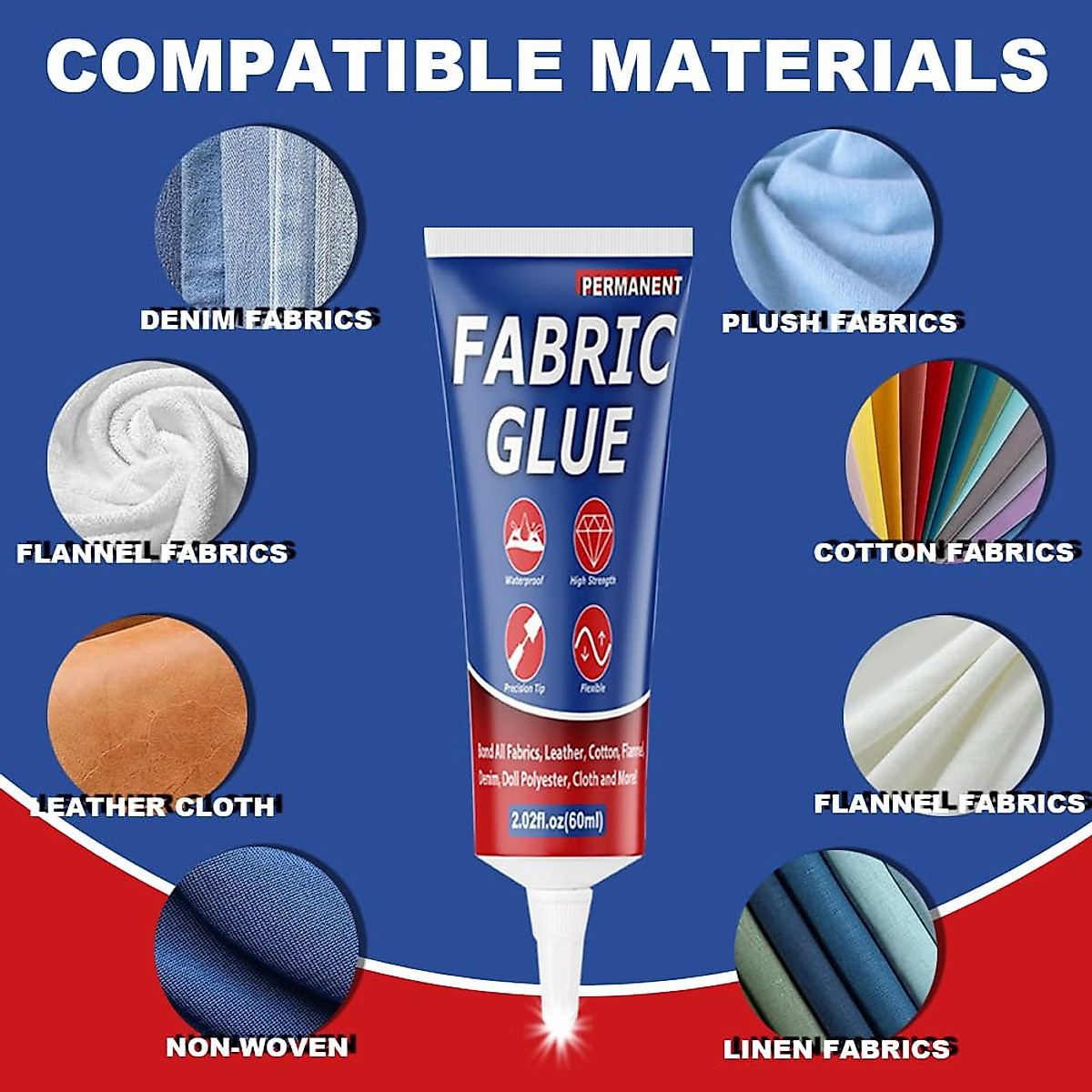 Fabric Glue, Fabric Glue Permanent, Fabric Glue for Clothing, 60ml Permanent Washable Fabric Clear Glue for Clothing Patches Tear Mender for All Fabrics Clothes Leather Cotton Flannel Denim Polyester