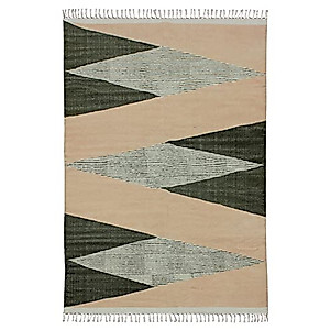 Casavani Indian Handmade Cotton Dhurrie Geometric Green & Beige Area Rug Boho Kilim Flat Weave Rug Indoor Hall Room Decor Carpet Throw Rugs for Bedroom Living Room Bathroom Balcony 12x12 Feet Square