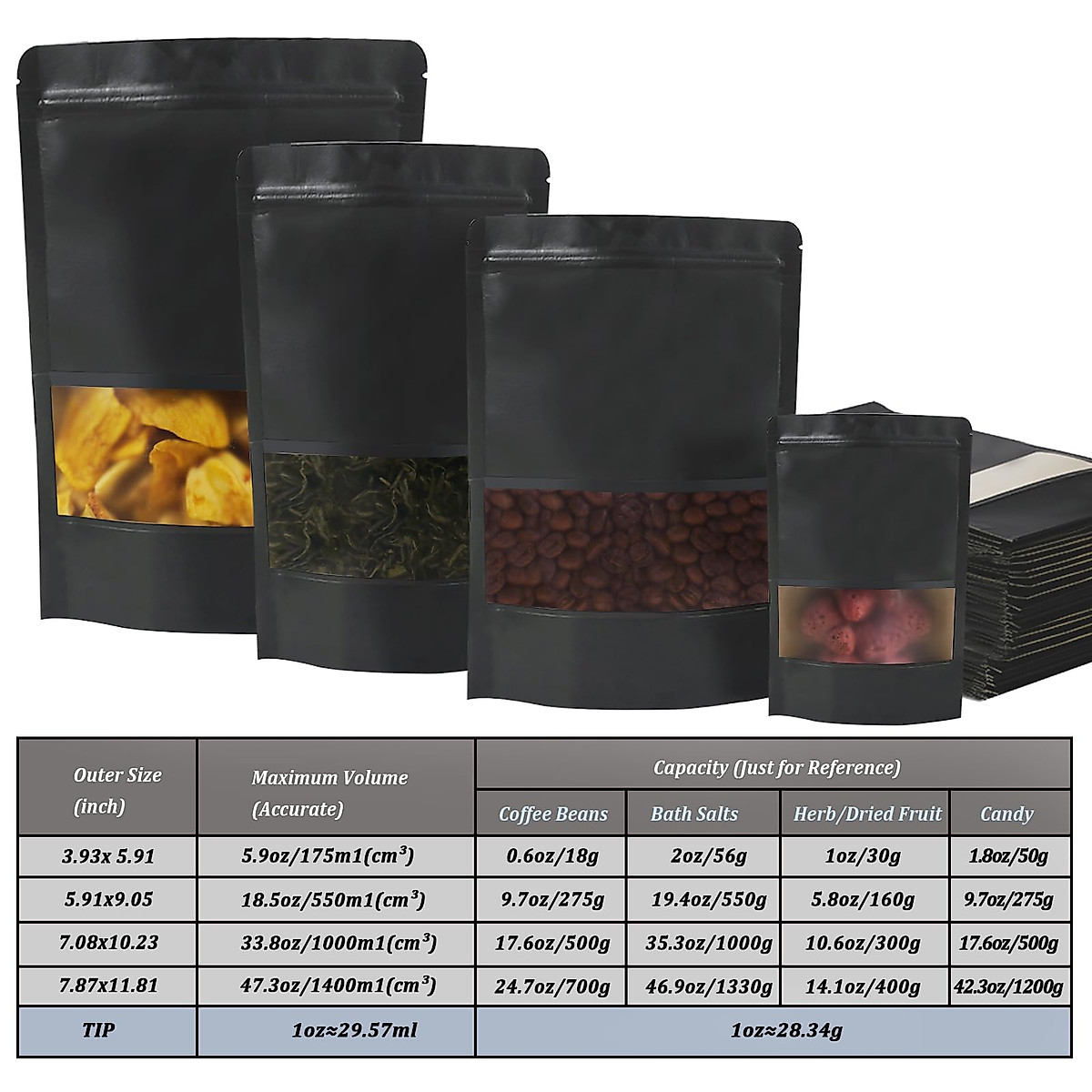 100 PCS Resealable Bags, Stand Up Kraft Paper Bags with Matte Window, Zipper Lock Food Storage Bags for Small Business and Home, 5.91 * 9.05 Inches Reusable Sealable Bags for Packaging - Black