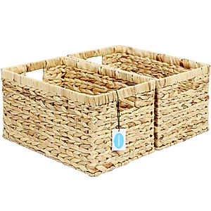 Casaphoria large Square Irregular Hyacinth Storage Baskets Natural Hand Woven Water Hyacinth Basket Durable Trapezoid Sundries Baskets with Built-in Wooden Handles Funnel Basket，2-Pack
