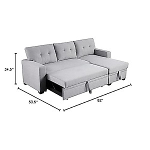 ACQCA 82" Sectional Sleeper Sofa with Pull Out Bed and Chaise Storage, L-Shape Reversible 3 Seater Couch with Tufted Backrest for Living Room,Apartment,Office,Light Gray
