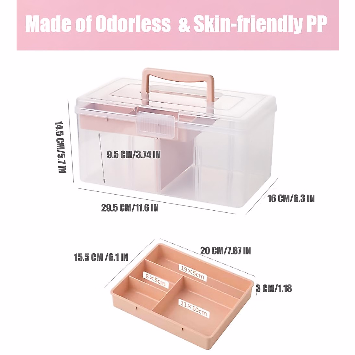 FOREVERIE Clear Plastic Office Supply Art & Craft Storage Box, Sewing Box Organiser Large with a Removable Tray & Adjustable Partition, Portable Travel Makeup Case (Clear & pink)