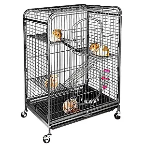 SUPER DEAL 37.2 Inches Metal Ferret Cage Chinchilla 4 Tiers Small Animal Cage with 3 Ladders/ 2 Front Doors/Food Bowl/Water Bottle/Slide Out Trays/Swivel Casters,Black