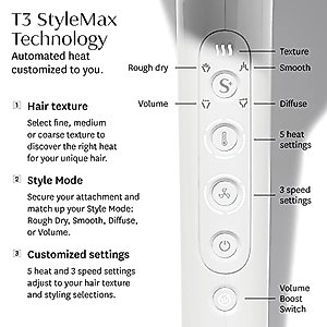 T3 Featherweight StyleMax Professional Ionic Hair Dryer with Custom Heat Automation & 4 Attachments, Fast Drying, Lightweight with 5 Heat & 3 Speed Settings, 2 Concentrators, Diffuser & Smoothing Comb