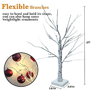 2PK 2FT 24LED Lighted Birch Tree Artificial Branch Tree, Tabletop Christmas Tree Lamp Battery Operated with Timer for Indoor Bedroom Xmas Party Wedding Festival Home DIY Decorations (Warm White)
