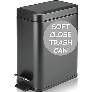 Soft Close, Rectangular Trash Can 5L with Anti - Bag Slip Liner and Lid, Use as Mini Garbage Basket, Slim Dust Bin, or Decor in Bathroom, Restroom, Kitchen, or Bedroom (5L / 1.3 Gallon, Matte Black)