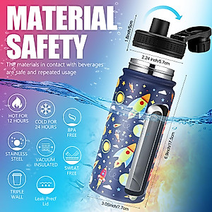 2 Pcs 16 oz Kids Insulated Water Bottle with Wide Handle, Stainless Steel Double Wall Vacuum Leak Proof Kids Bottle, Keep Hot or Cold Cute Metal Water Bottle for School Boys Girls (Vehicle, Planet)