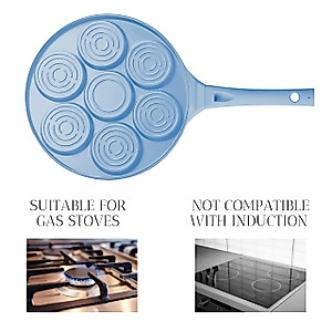 Erreke Nonstick Pancake Pan, 7 Smiley Face Pancake Griddle, Soft Touch Handle Fun Breakfast for Kids, 10.2 in Crepe Pan for Gas Stoves (Blue Color)