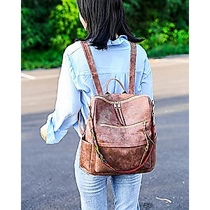 HUIUEITW Women Backpack Purse Fashion Multipurpose Design Handbags and Shoulder Bag PU Leather Travel bag (Khaki)