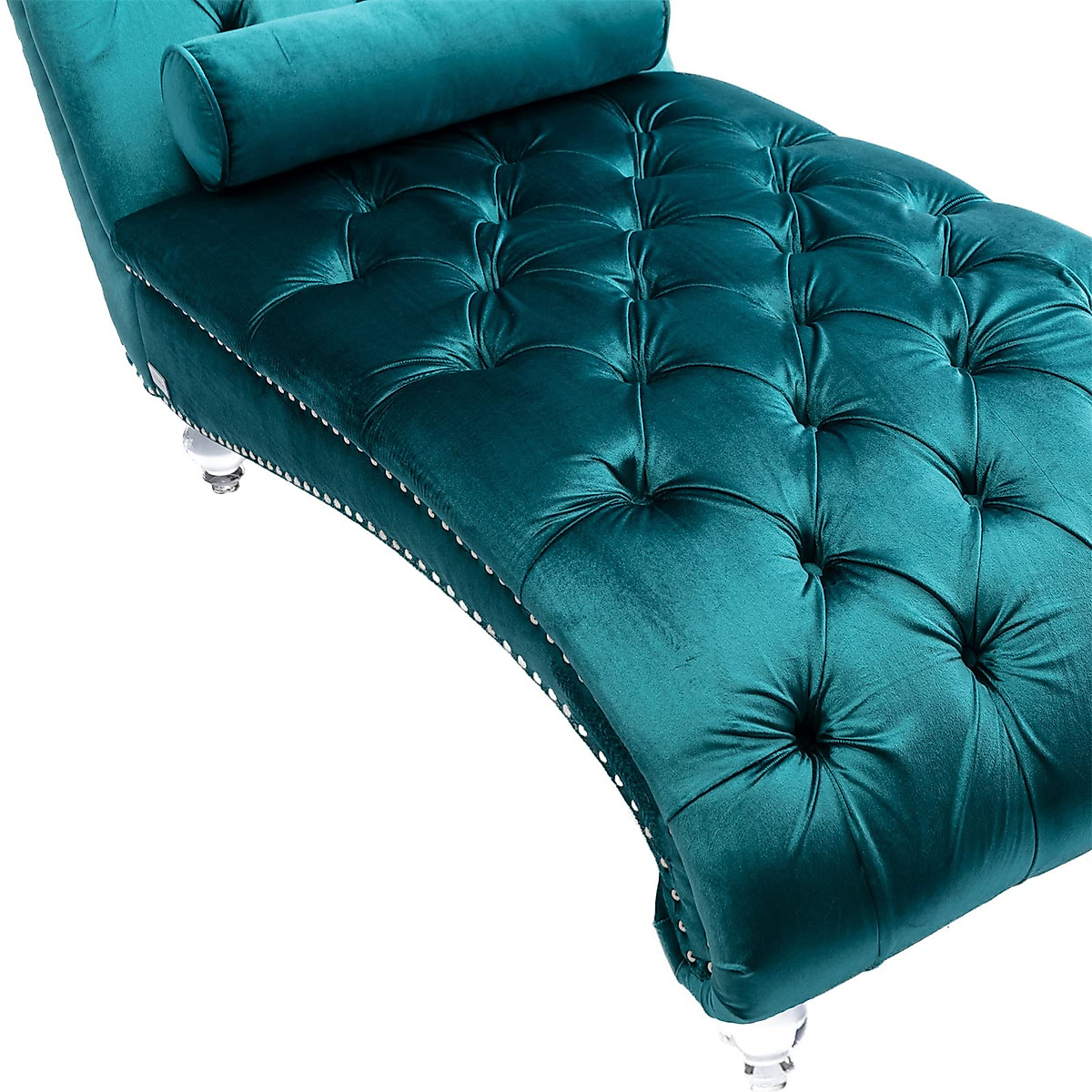 TRIPLE TREE Leisure Concubine Sofa with Acrylic Feet for Adults, Velvet Barrel Sofa with Lumbar Support Pillow, Traditional Design Chaise for Home Living Room, Bedroom, Reading Room, Office, Teal