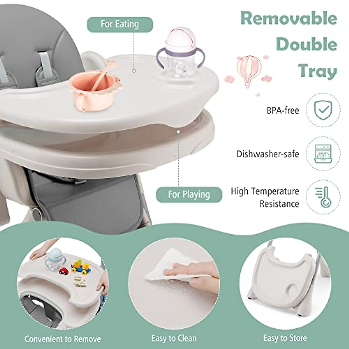BABY JOY Convertible High Chair for Babies & Toddlers, Foldable Highchair with Adjustable Backrest/Footrest/Seat Height, Double Removable Tray, Detachable PU Cushion, Built-in Front Wheels (Gray)