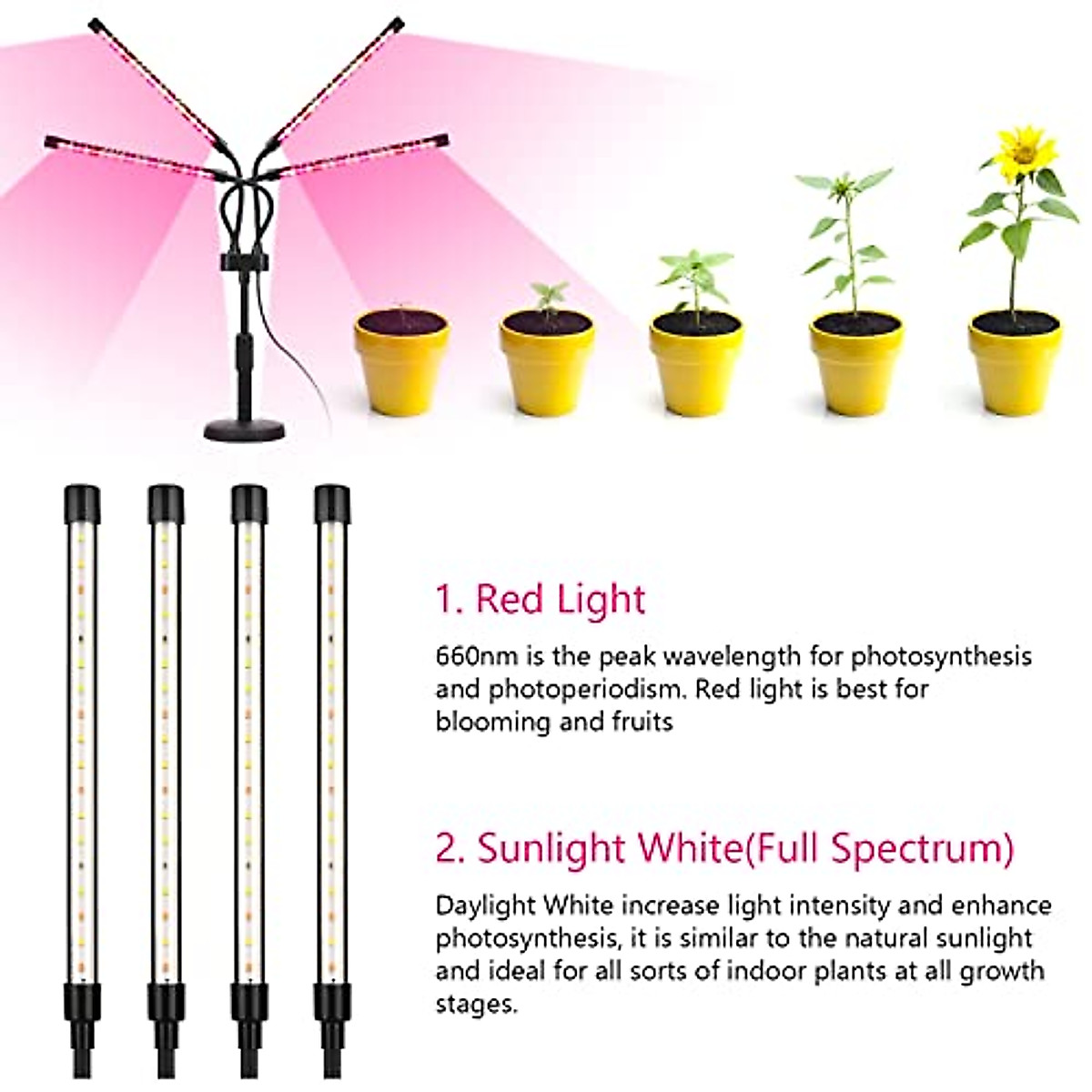 Grow Lights for Indoor Plants, Four Head LED Grow Light with Full Spectrum & Red White Spectrum for Indoor Plant Growing Lamp, Adjustable Gooseneck, Suitable for Plants Growth