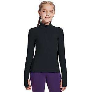 baleaf Girls Fleece Long Sleeve Shirts, Fall Jacket Half Zip Water Resistant Pullover Outdoor Camping Coat Kids Black M