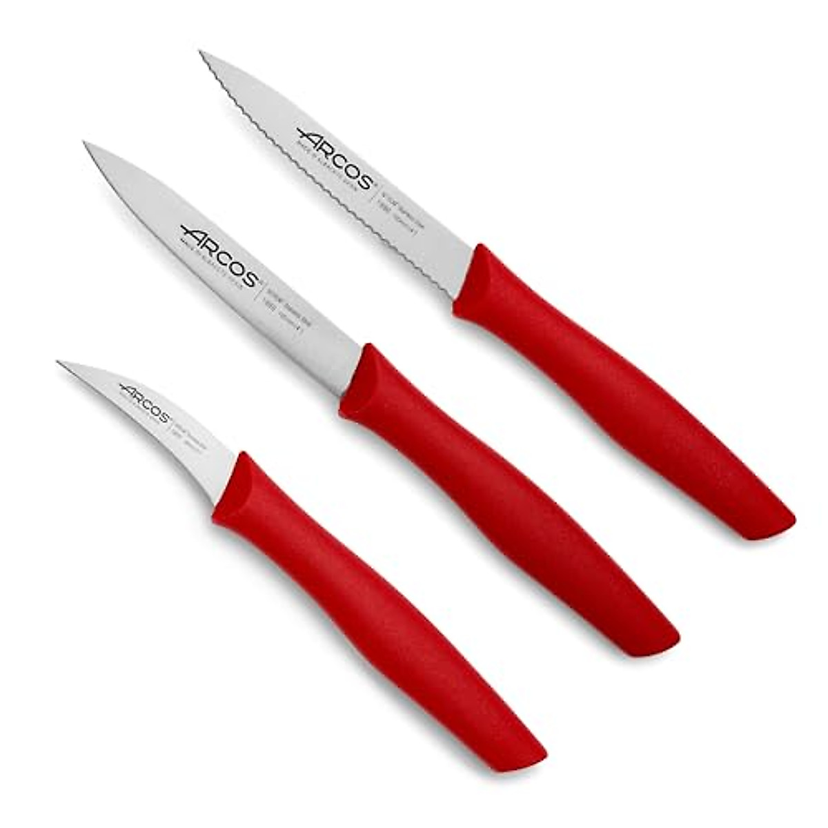 ARCOS 3 Pieces Paring Knife Set. 3 Peeling Knives of Stainless Steel and Ergonomic Polypropylene Handle for Cutting Fruits, Vegetables and Tubers. Series Nova. Color Red