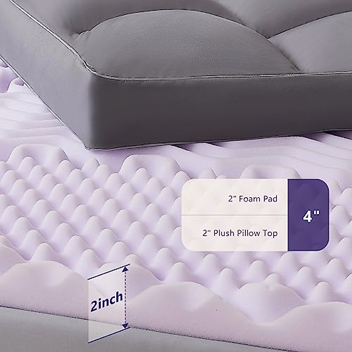 Homemate Memory Foam Mattress Topper Queen, Dual Layer 4 Inch Cooling Mattress Topper, 2 Inch Memory Foam Plus 2 Inch 1800TC Mattress Pad Comfort Support, Pillow Top with 8-21 Inch Deep Pocket, Grey