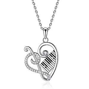 ACJNA 925 Sterling Silver Heart Pendant Piano Keyboard Necklace Music Jewelry for Women(With music note)