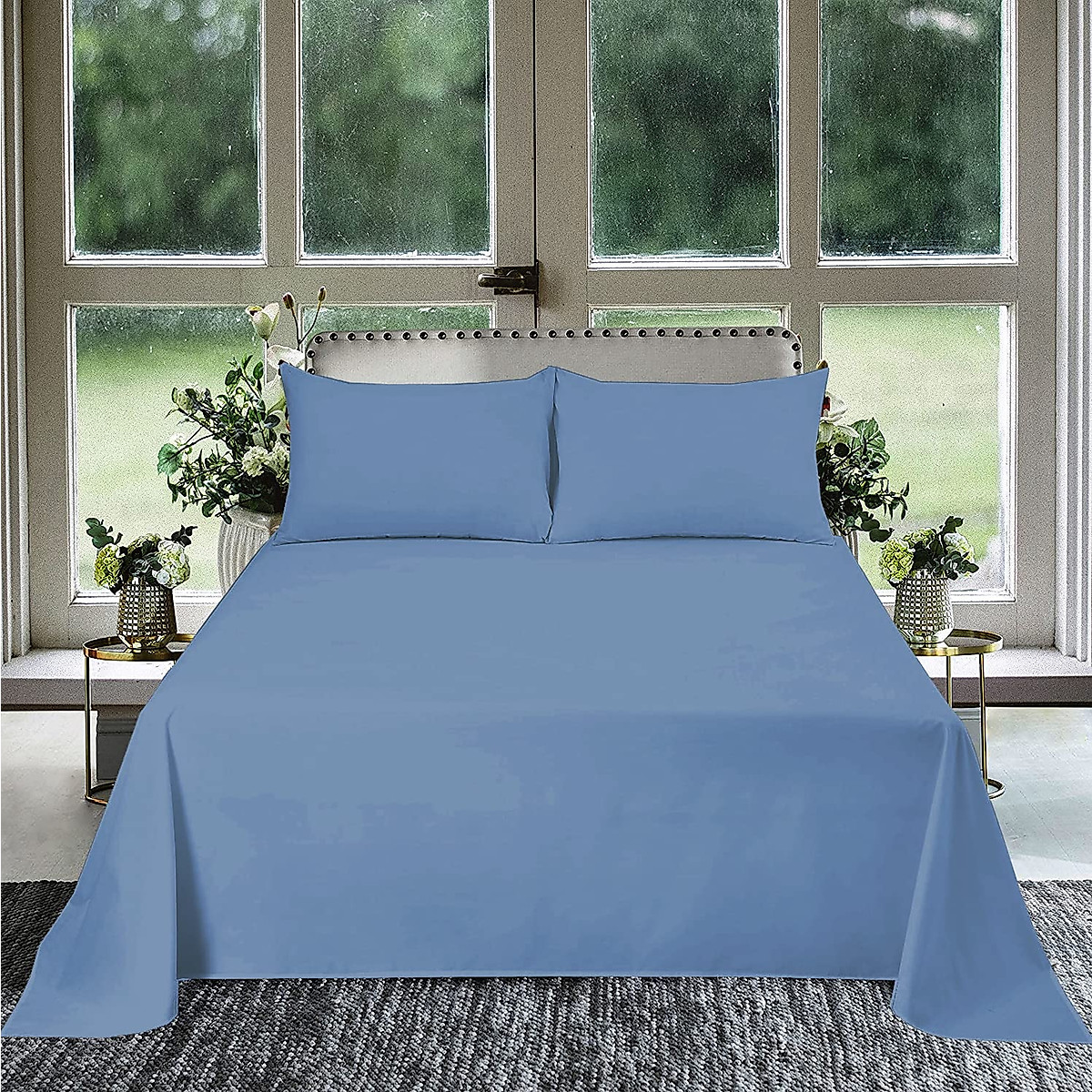 Luxurious 3 Piece Flat Sheet 800 Thread Count 100% Egyptian Cotton Luxury Soft Fabric Flat Sheet Oversized King Plus Size (120" x 120") Inch - Medium Blue Solid