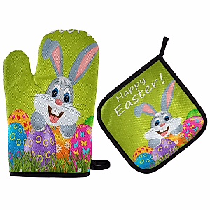 Easter Bunny Oven Mitts Potholders Set Colors Eggs Kitchen Baking Glove and Pot Holder for Cooking BBQ