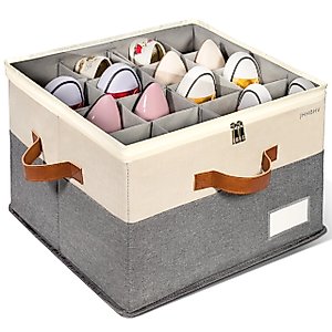 LZOTIC Shoe Organizer for Closet, Adjustable Shoe Box Storage Containers, Large Foldable Shoe Storage Bins with Clear Cover, Space Saving Shoes Holder with 4 Handles, Fits 8-16 Pairs, 1 Pack, Beige
