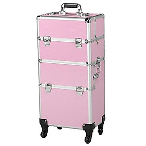 Topeakmart 3 In 1 Aluminum Professional Rolling Cosmetic Case, Beauty Storage Trolley, Make Up Storage Organizer, Makeup Travel Case - With Wheels, Folding Trays and Large Compartments - Pink