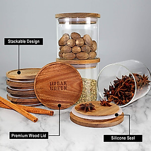 Urban Green Glass Jars with Airtight Lids, Airtight Glass Canisters with Wood Lids, Glass Food Storage Containers with Lids, Glass Food Jars for Spice and Herbs (9 Pack of 16oz)