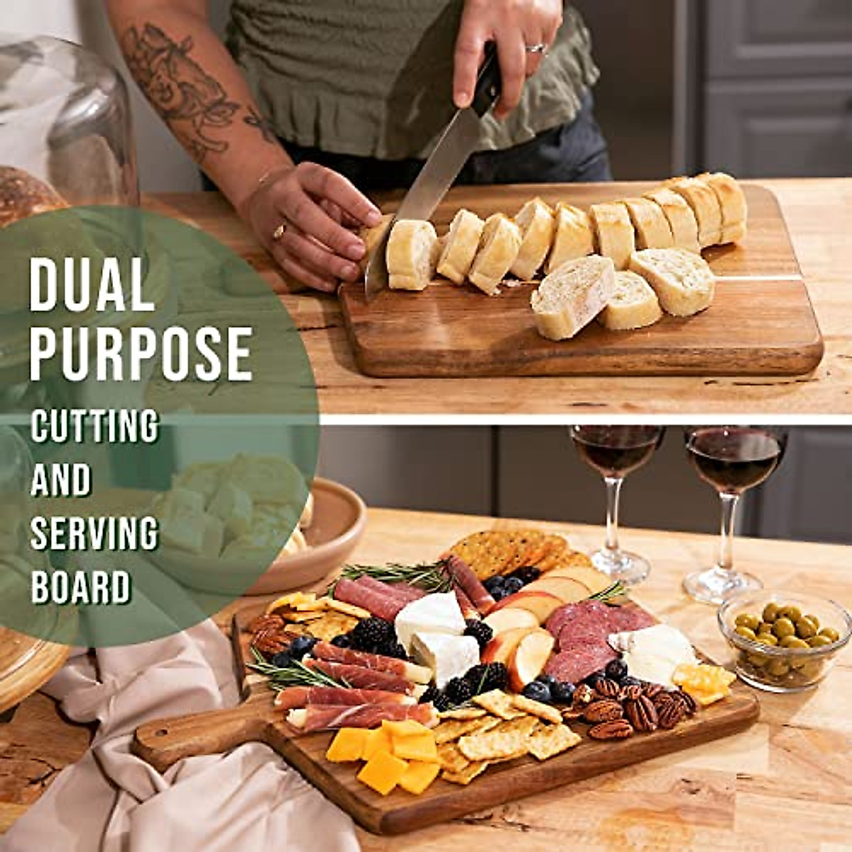 Acacia Wood Cutting Board and Chopping Board with Handle for Meat, Cheese Board, Vegetables, Bread, and Charcuterie - Decorative Wooden Serving Board for Kitchen and Dining Room, Large 17” x 13”