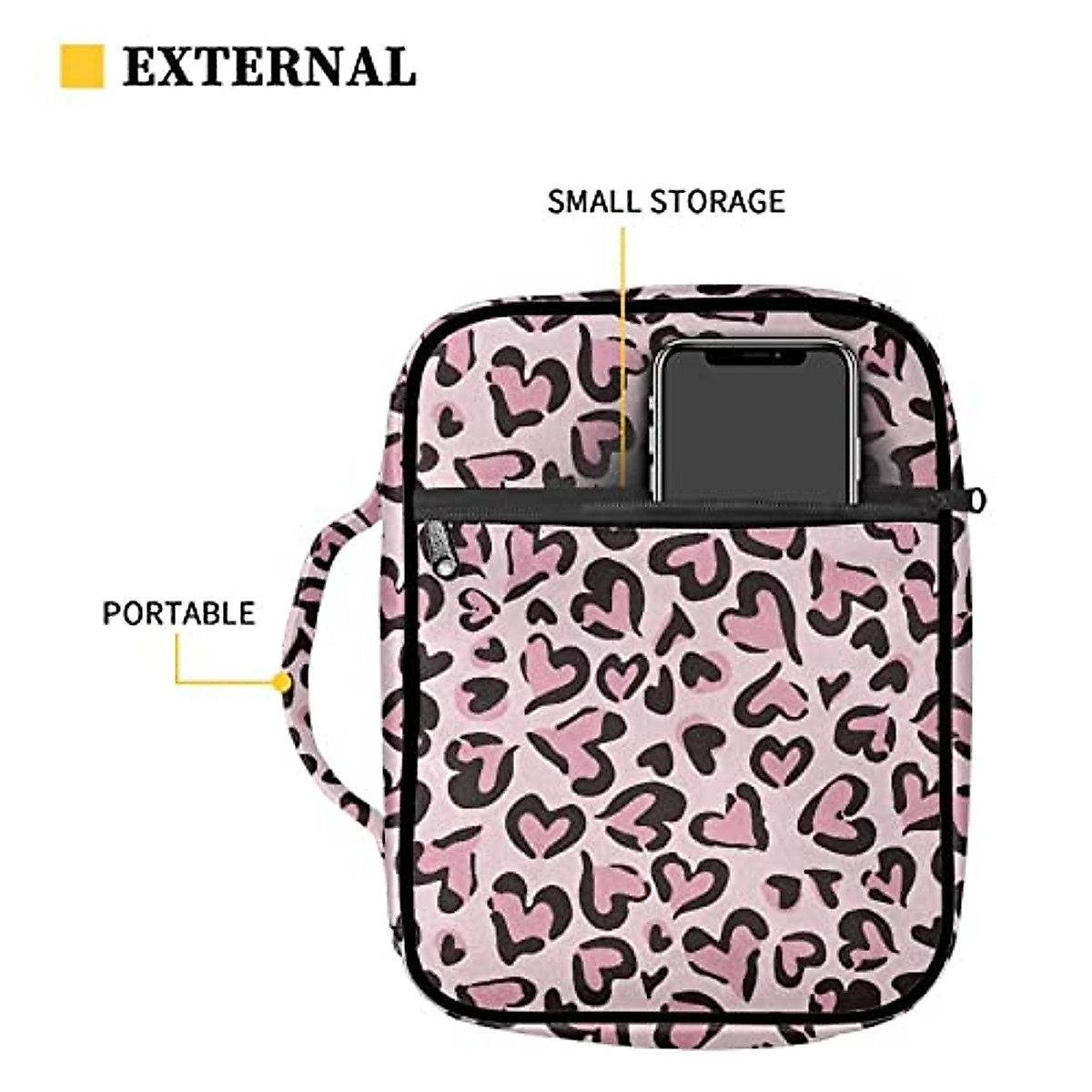 POLERO Leopard Bible Bag for Women Valentine Pink Heart Cheetah Print Bible Cover Scripture Carrying Book Case Church Bag