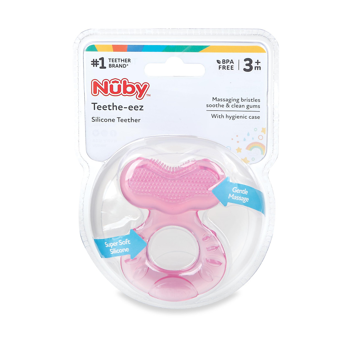 Nuby Silicone Teethe-eez Teether with Bristles, Includes Hygienic Case, Pink