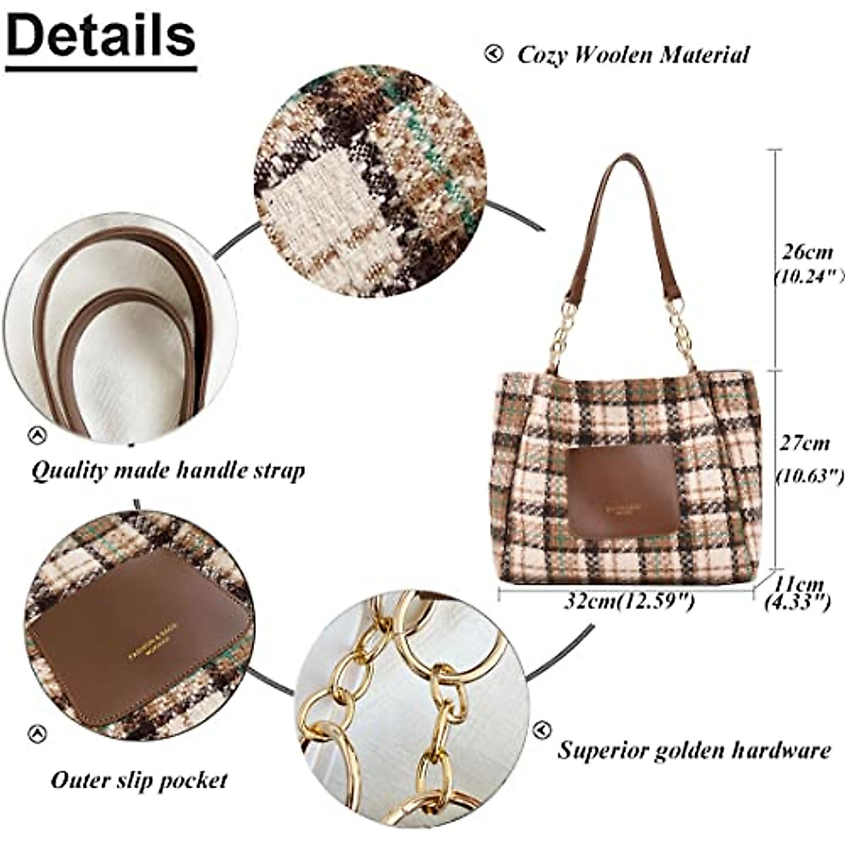 RTGGSEL Plaid Striped Woolen Cloth Shoulder Handbags for Women Tote Purse Ladies Designer Satchel Hobo Bag with Chain Strap Gift (Grey)