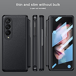 Libeagle Compatible with Samsung Galaxy Z Fold 3 Case, Support All Magsafe Accessories, Leather Back, Removable S Pen Holder on Hinge Protection, Screen Protector, Magnetic Cover 5G 2021 - Black