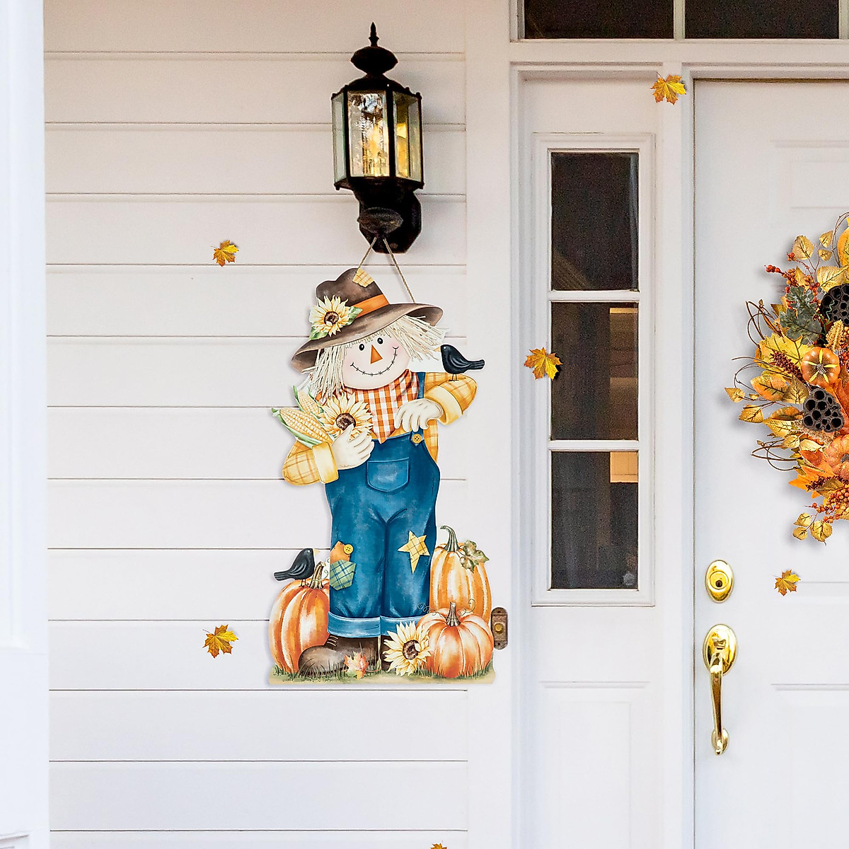 glitzhome GH31362R1 Fall Wooden Welcome Scarecrow Porch Sign Hanging Wall Decor, Orange