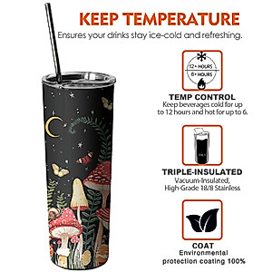 thmasamwr Mushroom Skinny Tumbler With Straw and Lid, Stainless Steel 20oz Insulated Coffee Travel Mug, Mushroom Cups for Mushroom Lovers Gifts for Women and Girls
