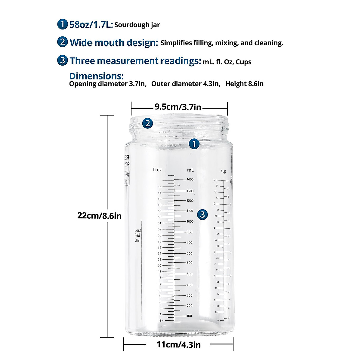 Vegapunk 58oz Sourdough Starter Jar Glass Kit - Wide Mouth Container/Crock with Lid for Bread Starter - Large Mason Jar with Date marked Feeding Band for Sourdough Starter