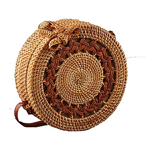 BaellerryRound Woven Ata Rattan Bag Summer Beach Shoulder Bag for Women, Beige, Medium