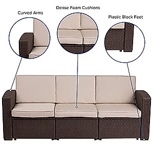Flash Furniture Chocolate Brown Faux Rattan Sofa with All-Weather Beige Cushions